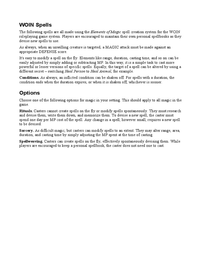 WOIN - Elements of Magic - 80 Pregeneratd Spell | PDF | Illusion ...