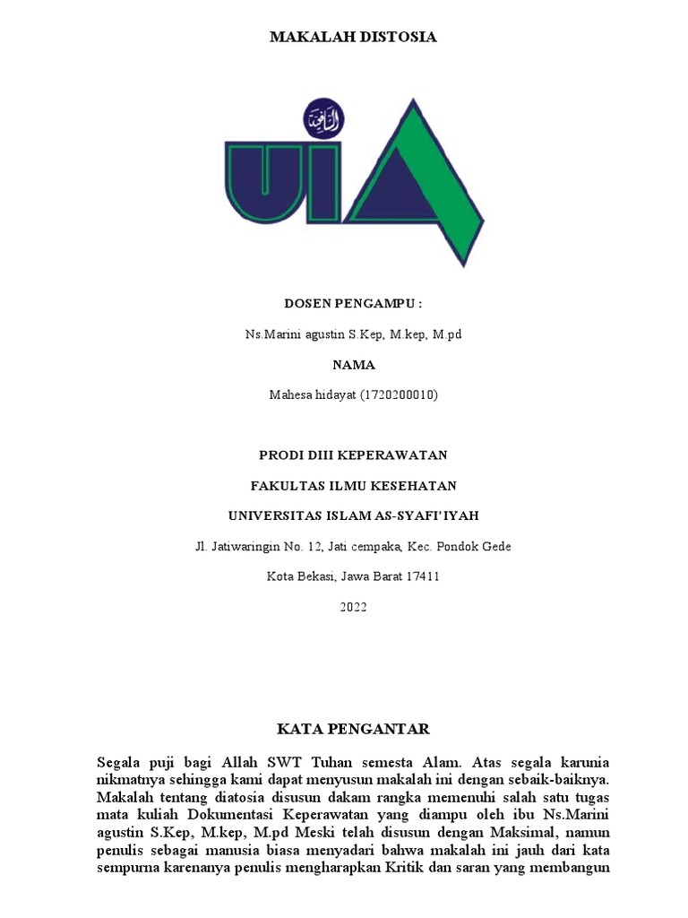 Makalah Tentang Distosia dalam Persalinan | PDF