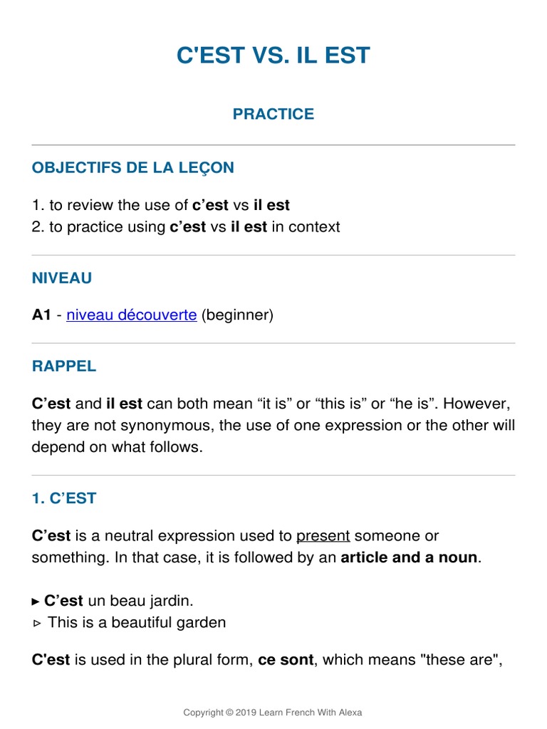 C'Est vs. Il Est: Practice | PDF | Grammatical Gender | Grammatical Number