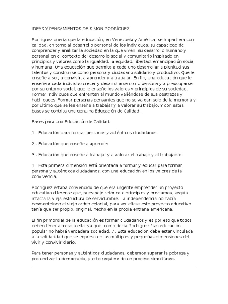 Ideas y Pensamientos de Simón Rodríguez | PDF | Educación avanzada | Enseñando y aprendiendo