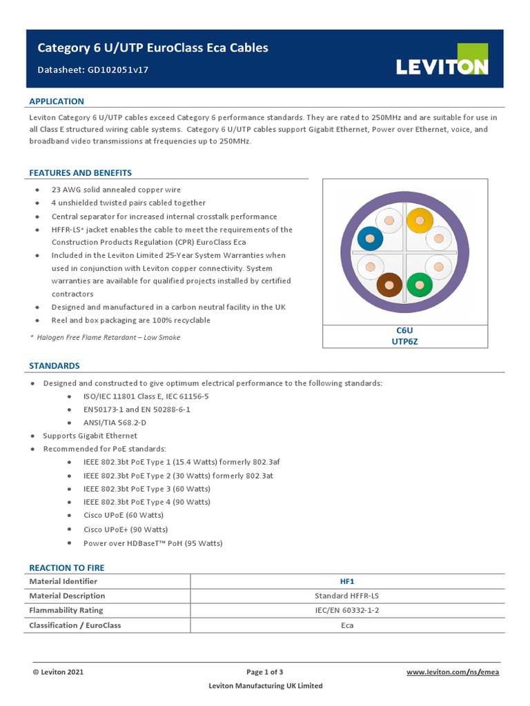 Category 6 U/Utp Euroclass Eca Cables: Datasheet: Gd102051V17 | PDF ...