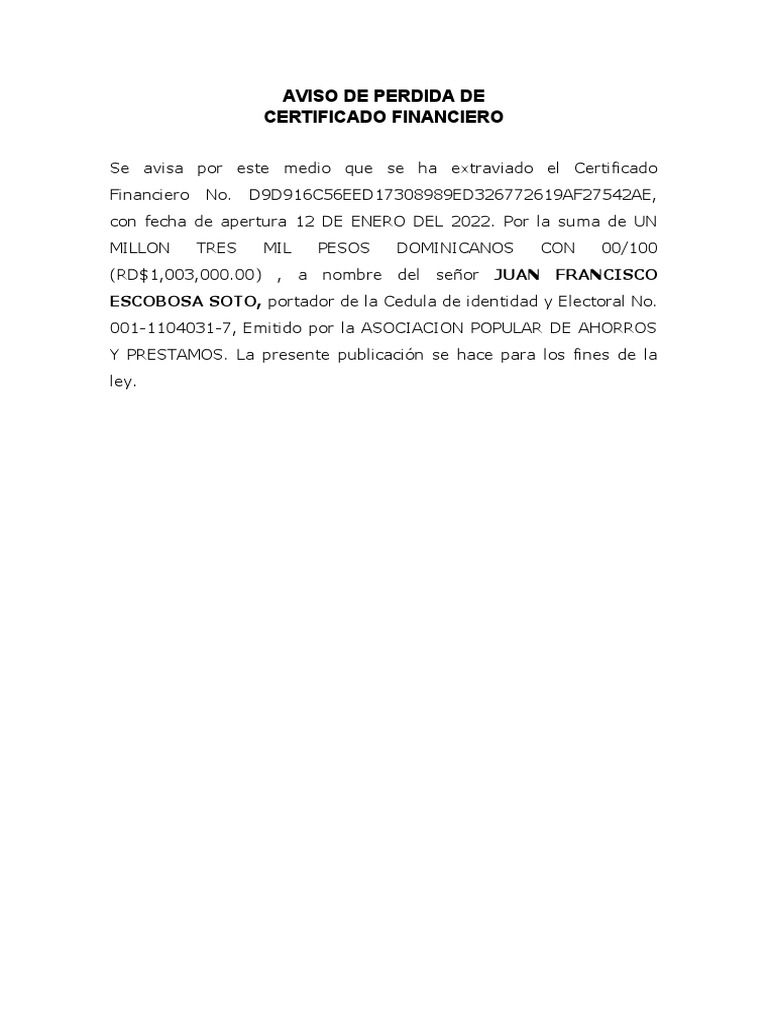 Aviso de Perdida de Certificado Financiero | PDF