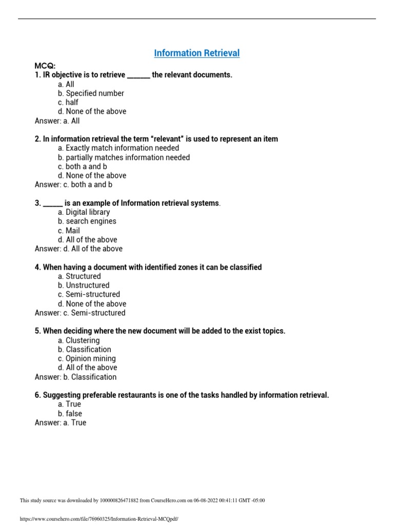 Information Retrieval MCQ PDF | PDF | Information Retrieval | Search Engine Indexing