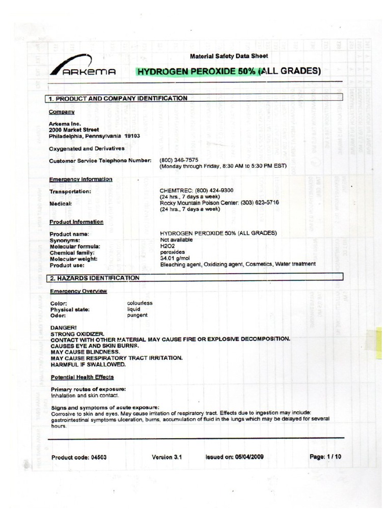 MSDS H2o2 | PDF