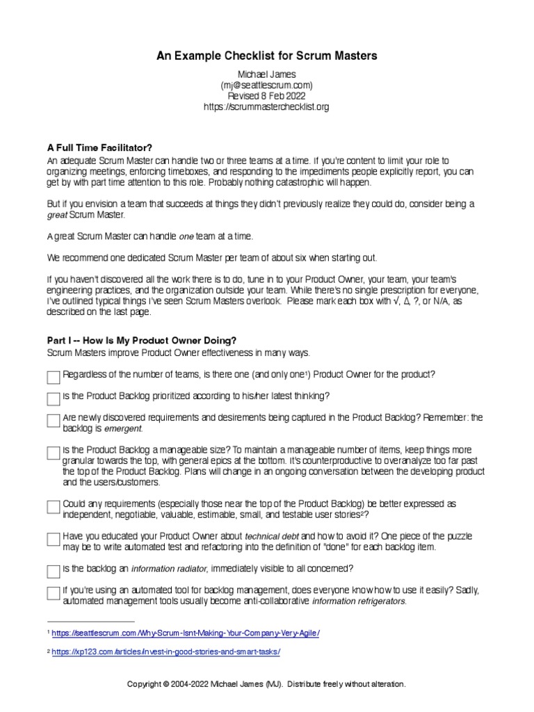 An Example Checklist For Scrum Masters: A Full Time Facilitator? | PDF | Scrum (Software ...