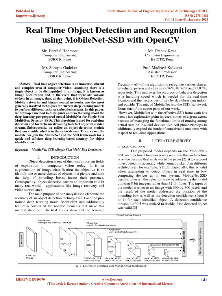 Real Time Object Detection And Recognition Using Mobilenet Ssd With Opencv Ijertv11is010070