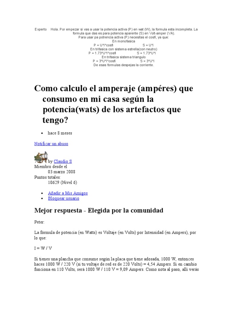Cómo Calcular el Amperaje en Casa | PDF | Vatio | Energia electrica