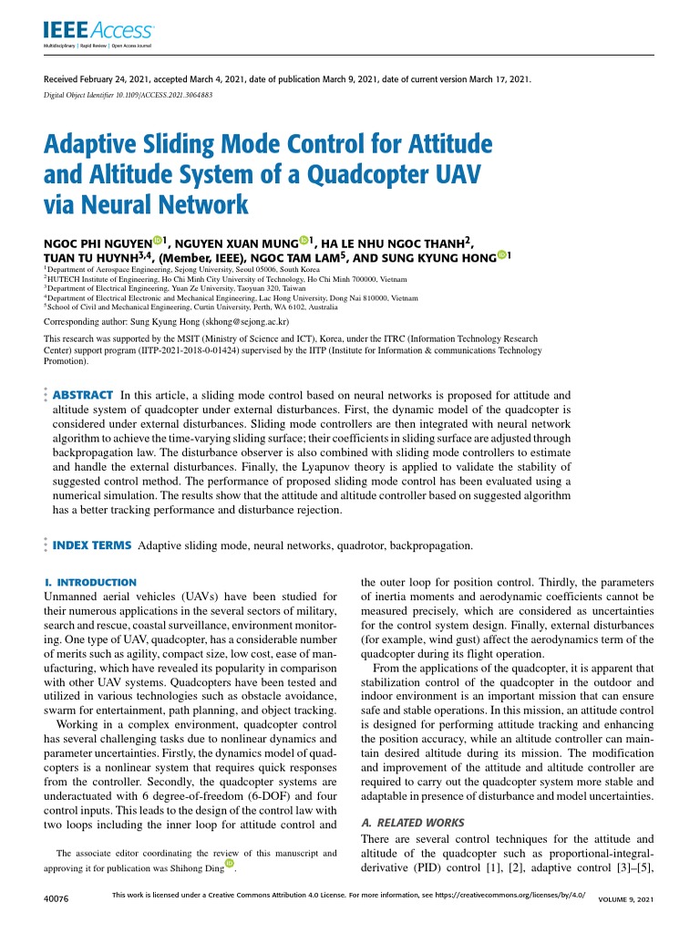 Adaptive Sliding Mode Control For Attitude and Altitude System of A Quadcopter UAV Via Neural ...