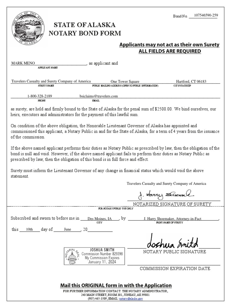 State of Alaska Notary Bond Form | PDF | Notary Public | Surety