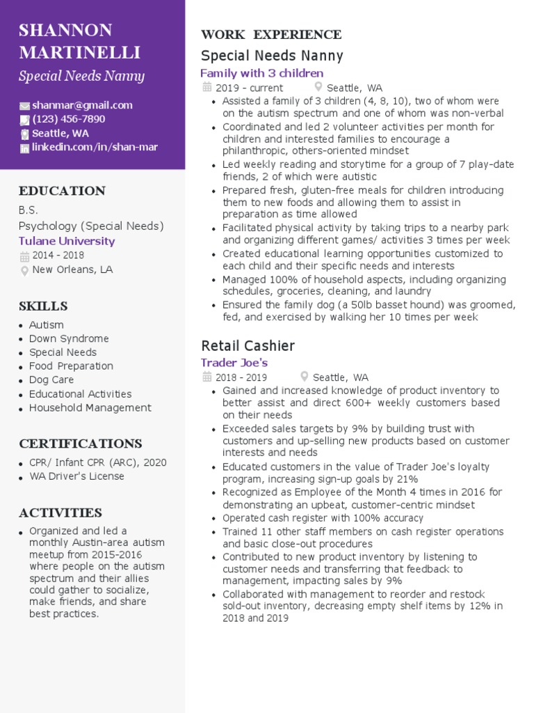 Special Needs Nanny Resume Example | PDF | Autism | Cognition