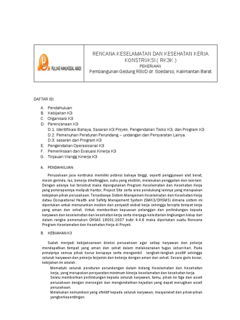 Rencana Keselamatan Dan Kesehatan Kerja Konstruksi (Rk3K) : Pembangunan Gedung RSUD Dr. Soedarso ...