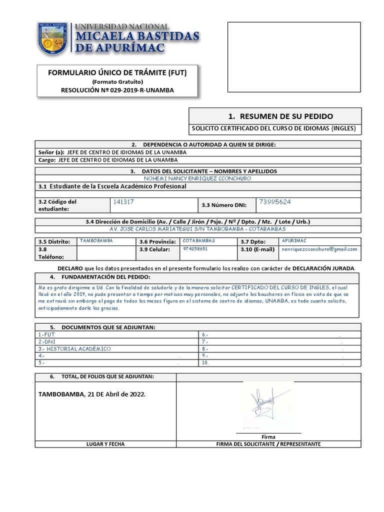 Formulario Único de Trámite (Fut) : 1. Resumen de Su Pedido | PDF
