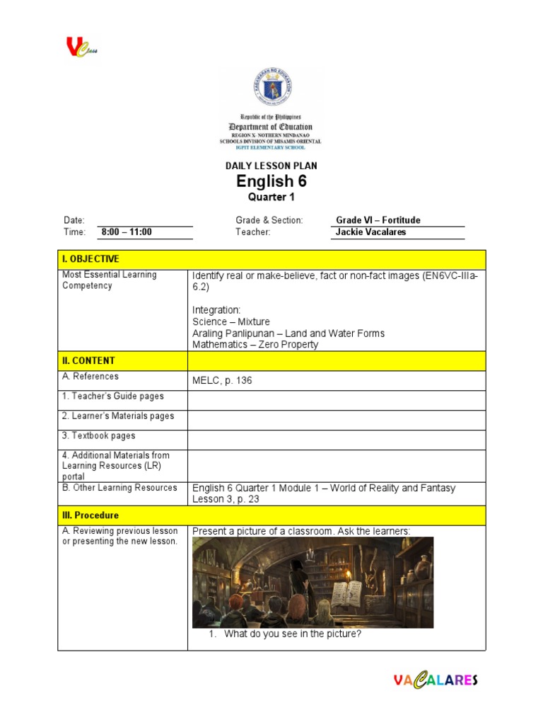 DLP - English 6 - Real Vs Make-Believe | PDF | Learning | Imagination