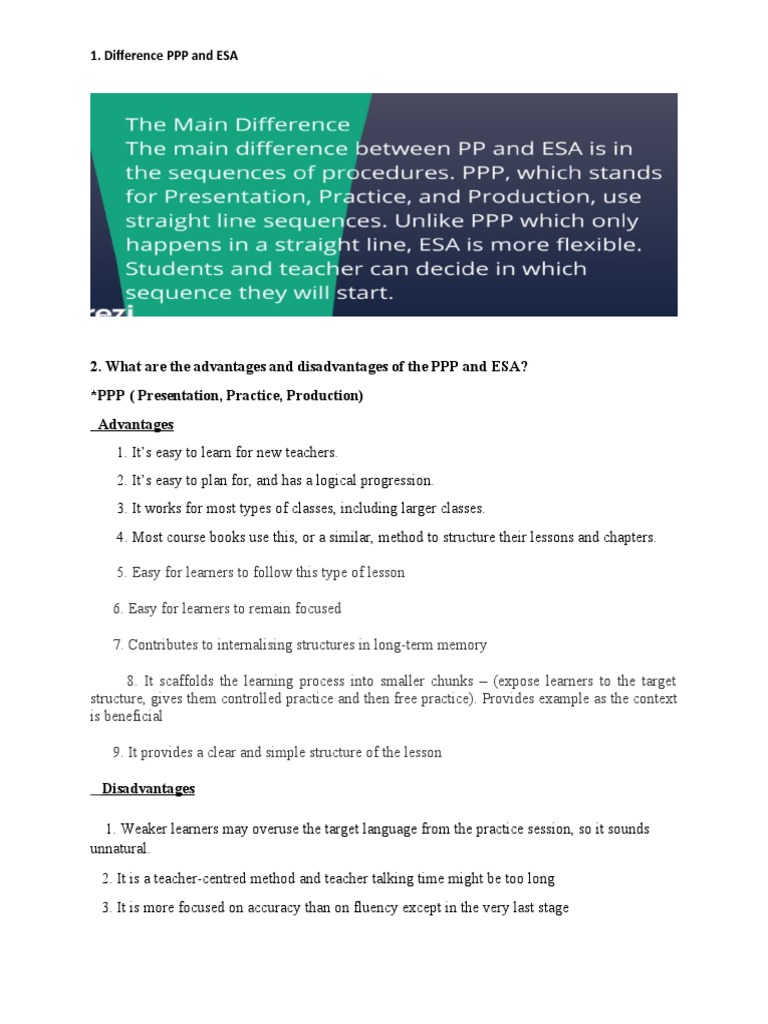 What Are The Advantages and Disadvantages of The PPP and ESA? PPP (Presentation, Practice ...