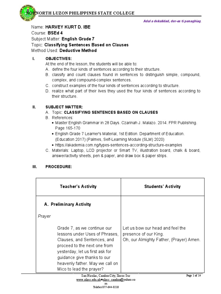 Sentence Structures - Harvey Ibe - Lesson Plan | PDF | Sentence ...