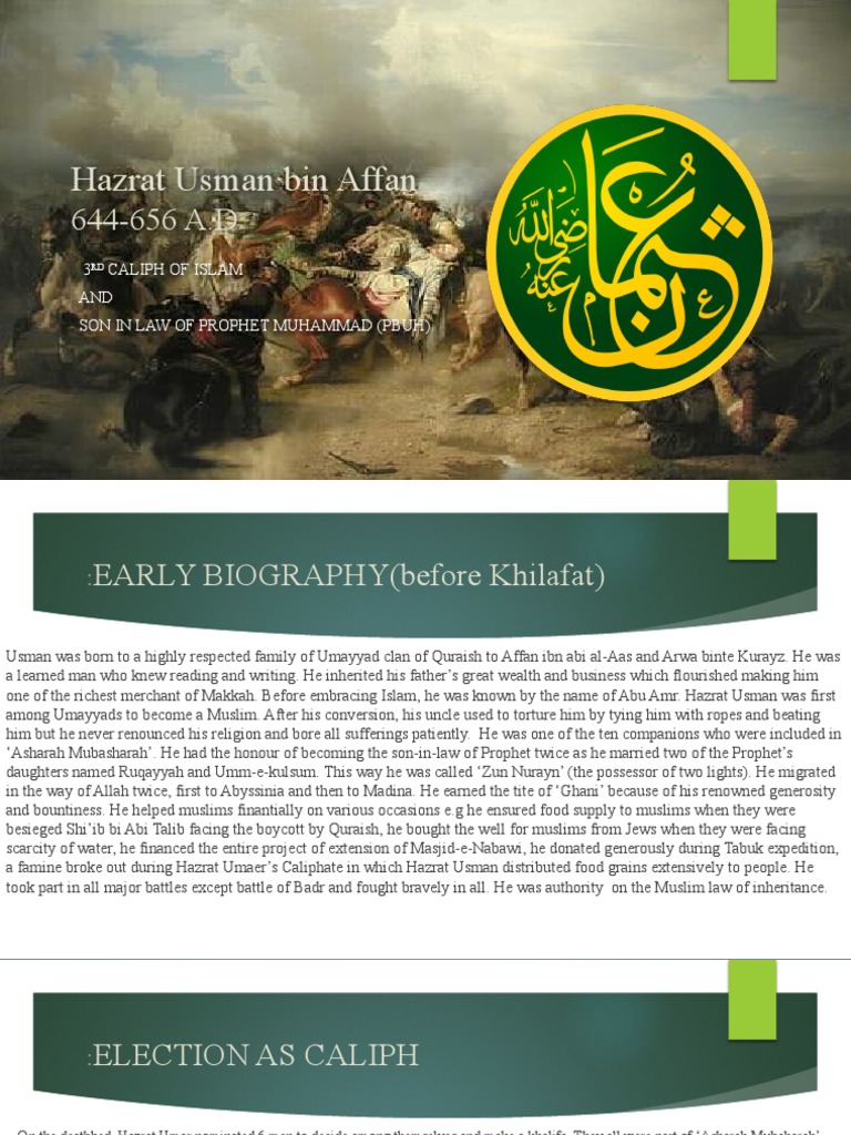 Hazrat Usman Bin Affan: 3 Caliph of Islam AND Son in Law of Prophet Muhammad (Pbuh) | PDF ...