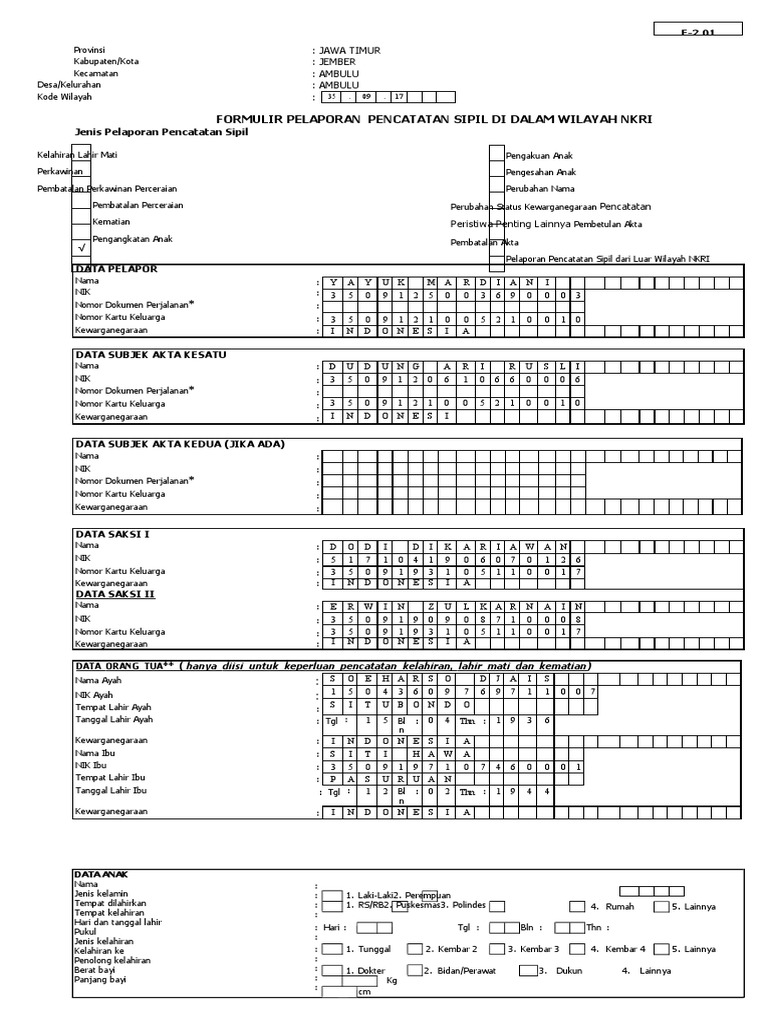 Formulir Pelaporan Pencatatan Sipil Di Dalam Wilayah Nkri:: Jawa Timur: Jember: Ambulu: Ambulu | PDF