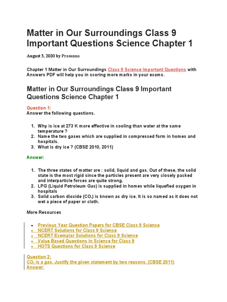Matter in Our Surroundings Class 9 Important Questions Science Chapter 1 | PDF | Liquids | Gases