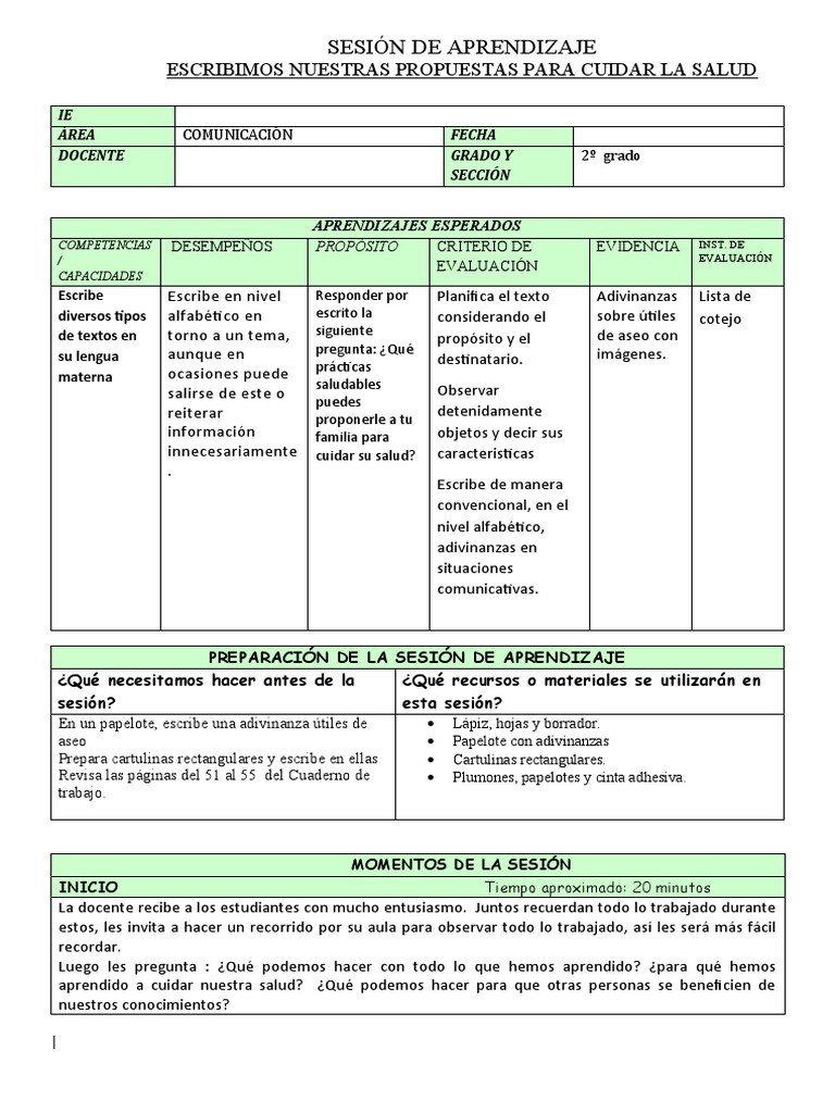 2° Escribimos Nuestras Propuestas para Cuidar Nuestra Salud | PDF ...
