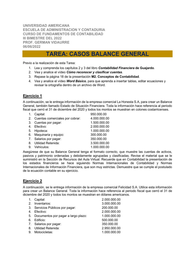 UAM FC M2 Ejercicios e Instrucciones para Tarea Casos Balance General IIIB2022 | PDF ...
