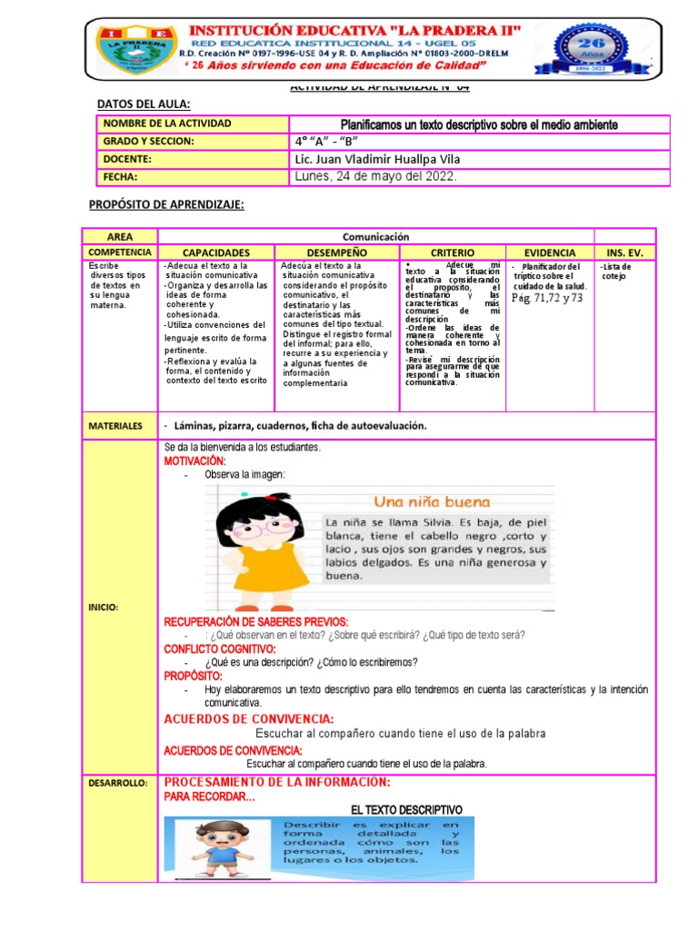 SESIÓN DE APRENDIZAJE #04 4B-Planificamos Un Texto Descriptivo Sobre El ...