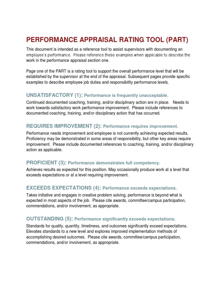 Performance Appraisal Rating Tool (Part) : Unsatisfactory | PDF | Performance Appraisal ...