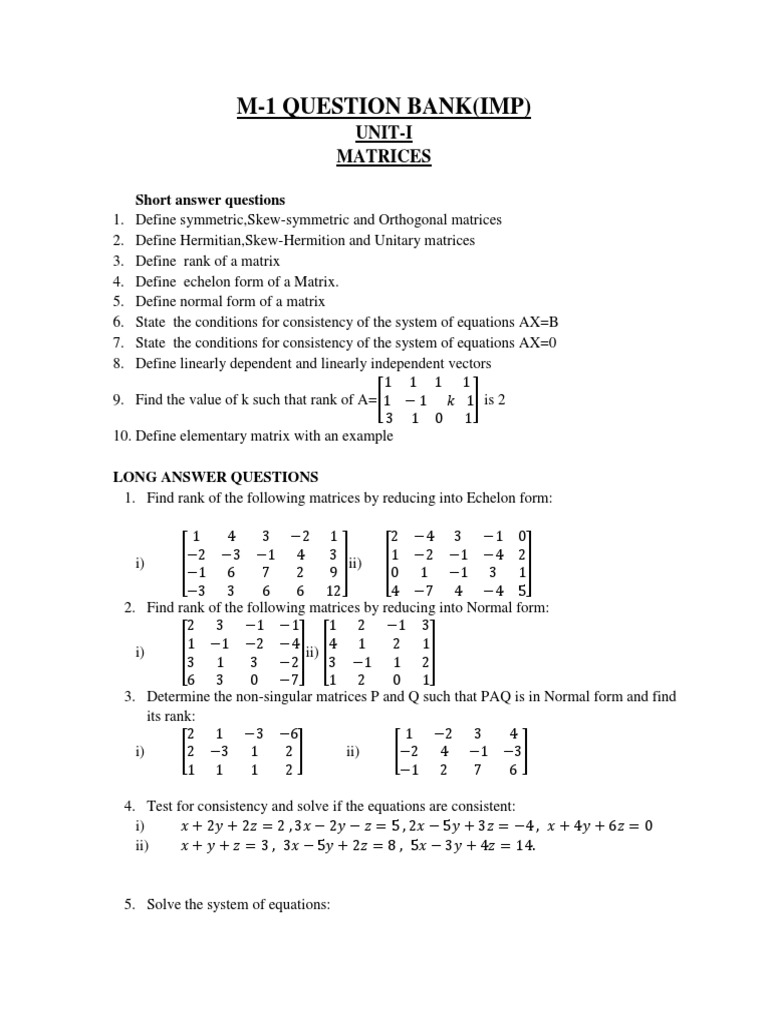 M-1 Question Bank | PDF | Eigenvalues And Eigenvectors | Matrix ...