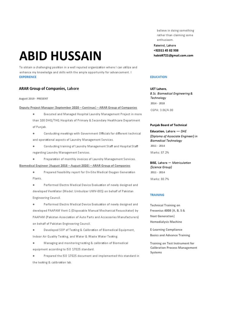 Abid Hussain - CV | PDF | Biomedical Engineering | Hemodialysis