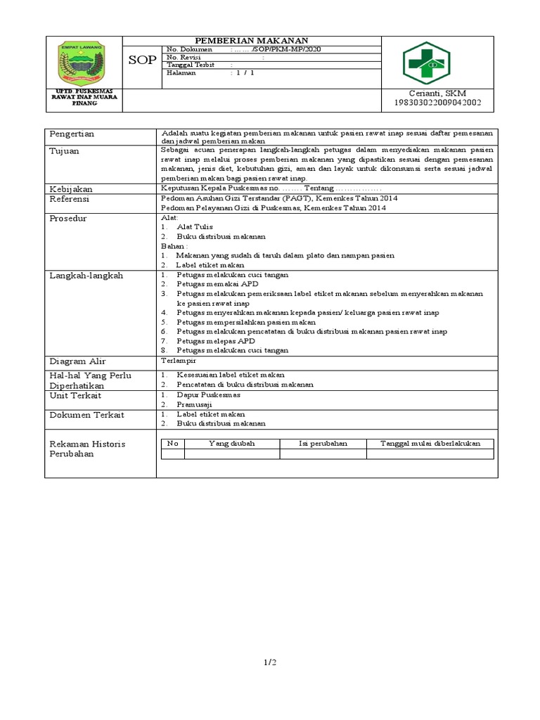 SOP Pemberian Makanan Pasien Ranap | PDF