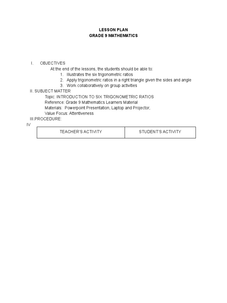 Lesson Plan Grade 9 Mathematics | PDF | Trigonometric Functions | Triangle