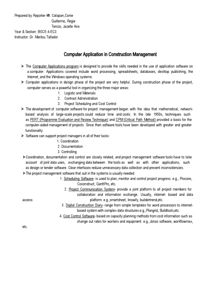 Computer Application in Construction Management | PDF | Project Management | Software