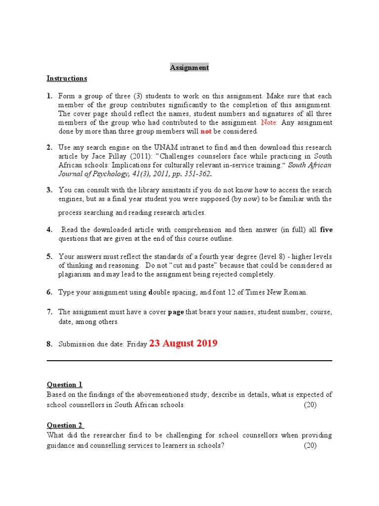 2019 Assignment | PDF | School Counselor | Teaching