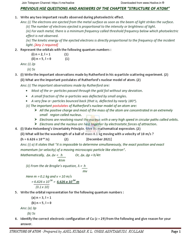 Previous Hse Questions and Answers of The Chapter "Structure of Atom ...