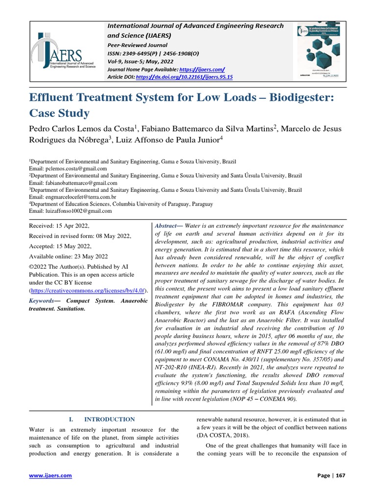Effluent Treatment System For Low Loads - Biodigester: Case Study | PDF