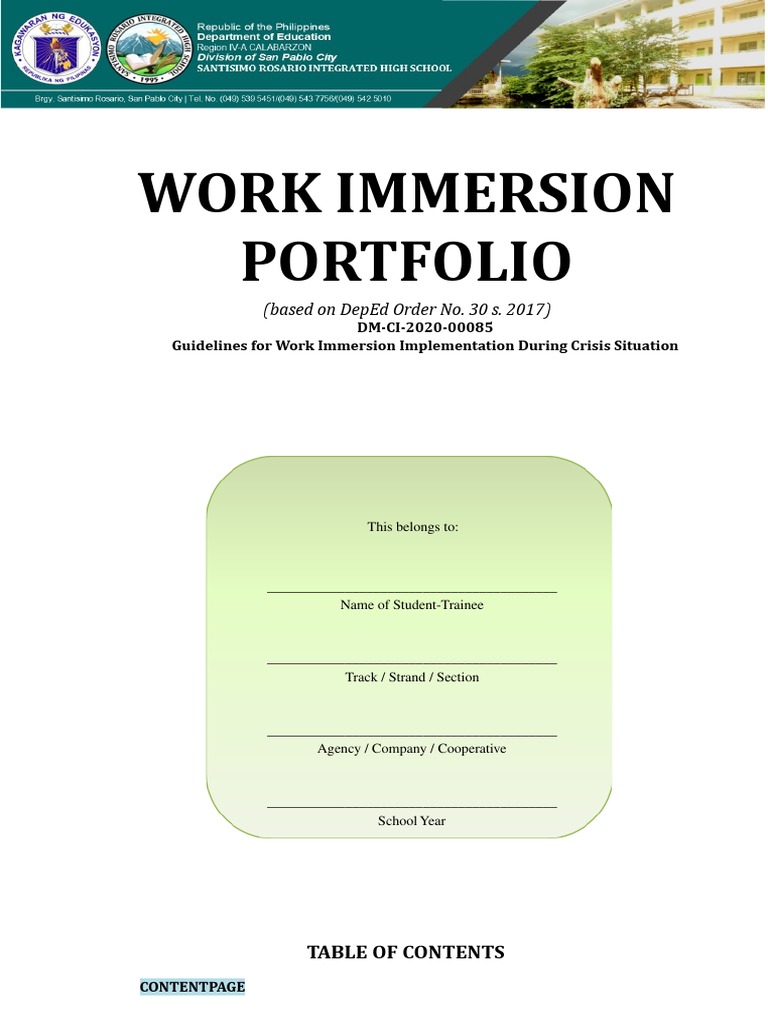 Work Immersion Portfolio: (Based On Deped Order No. 30 S. 2017) | PDF ...