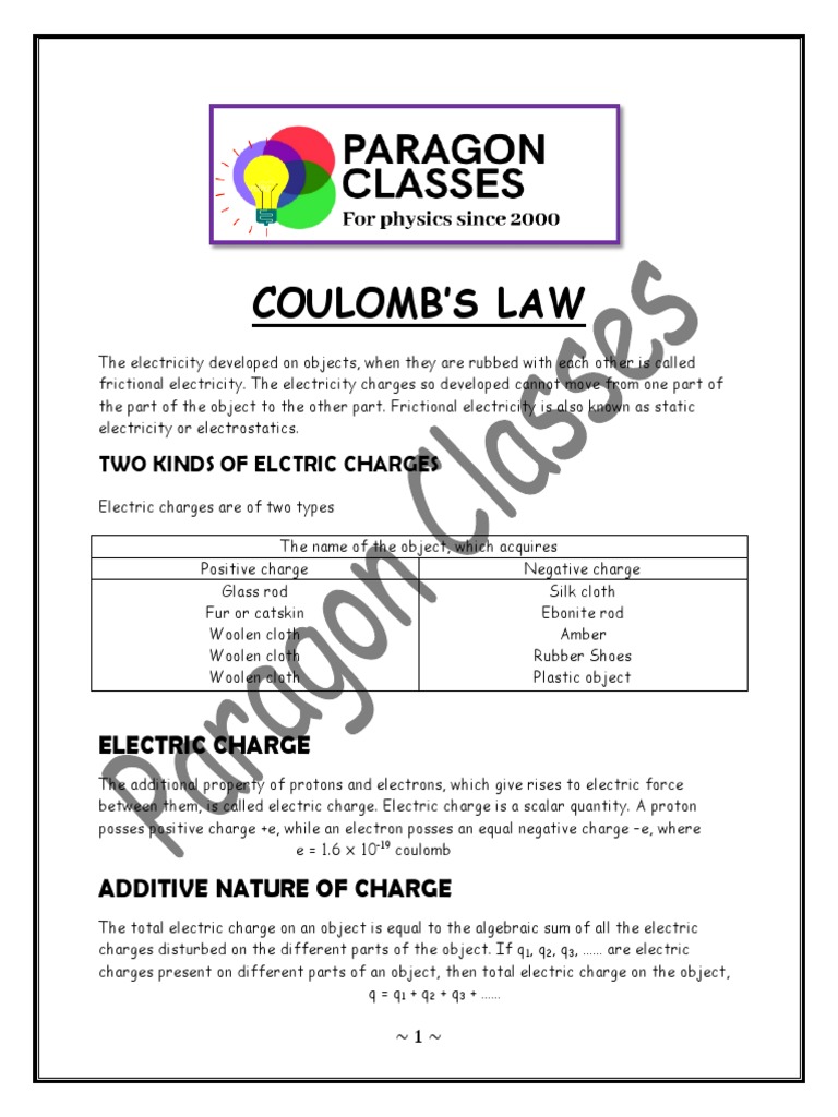 Coulombs Law Notes | PDF | Electric Charge | Electrostatics