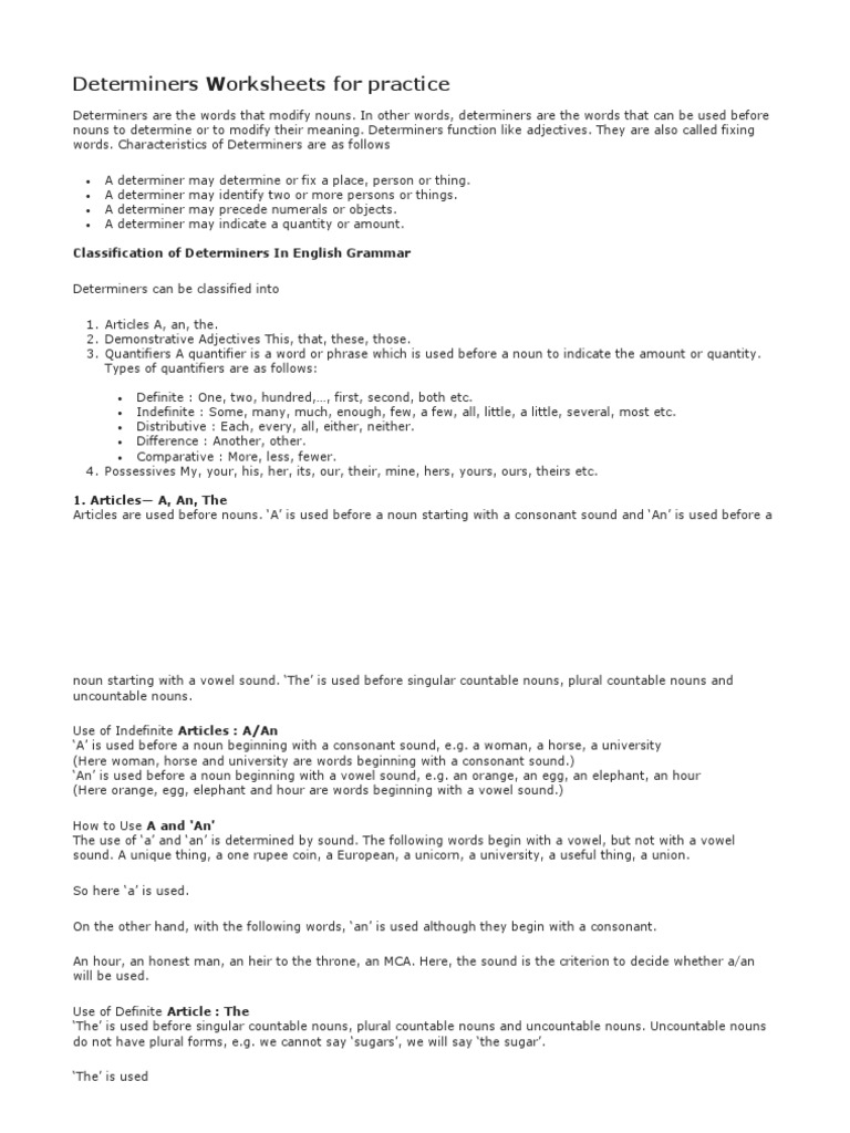 Determiners Worksheets For Practice...... Possessives | PDF | Noun ...
