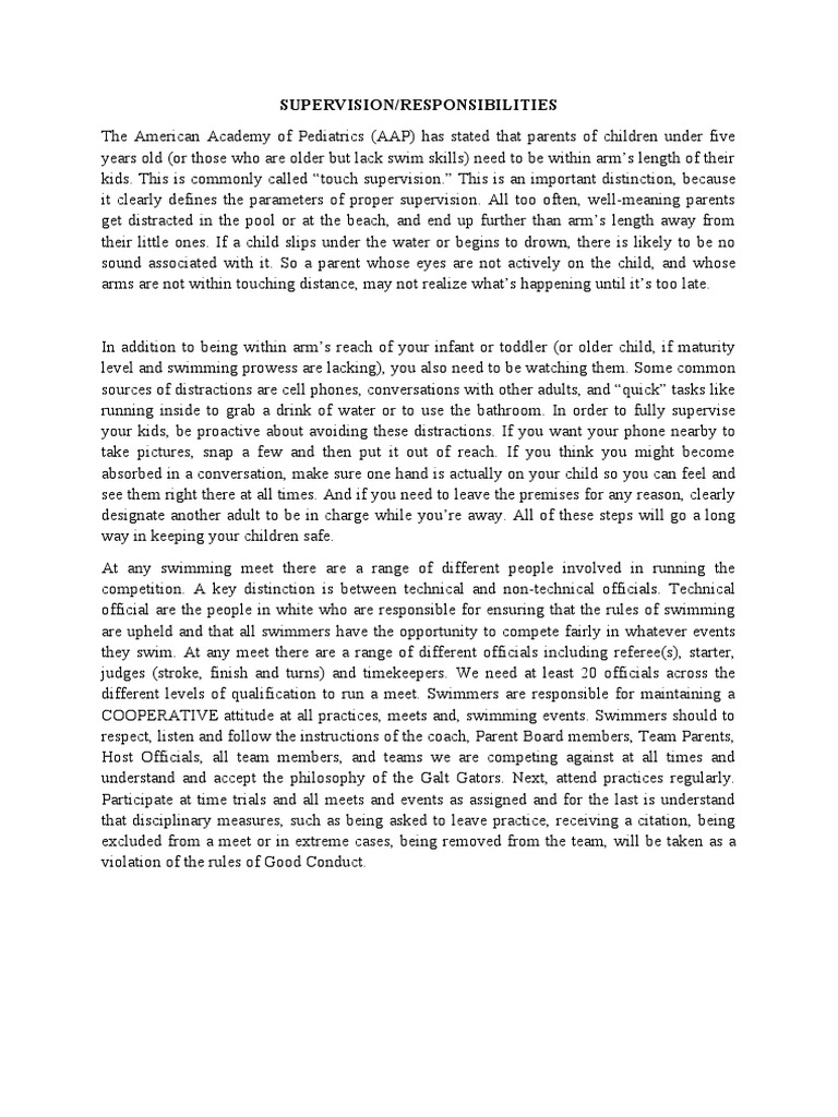 Supervision Responsibilities and Awareness Signs | PDF | Swimming (Sport)