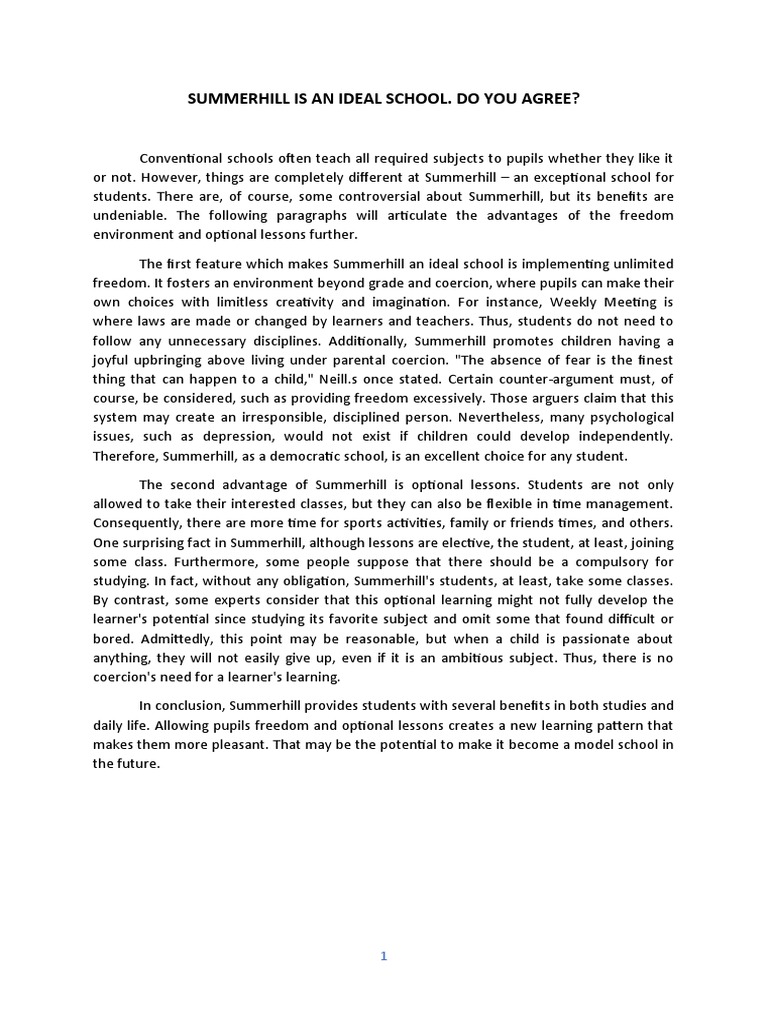 Summerhill Is An Ideal School Essay | PDF | Pedagogy | Learning