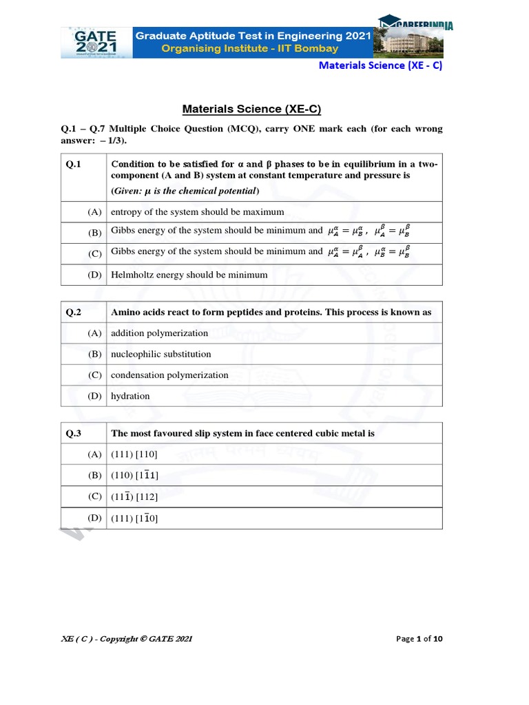 Gate Xe C Material Science Question Paper 2021 1730 | PDF | Freezing ...