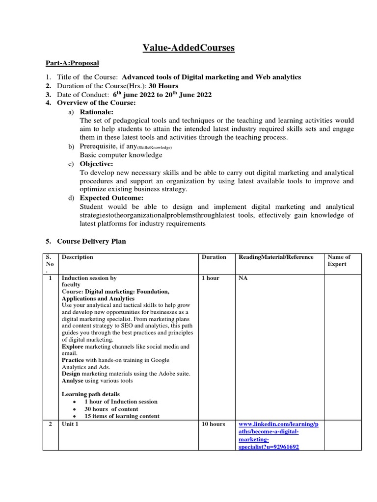 Value Added Course Proposal | PDF | Analytics | Digital Marketing