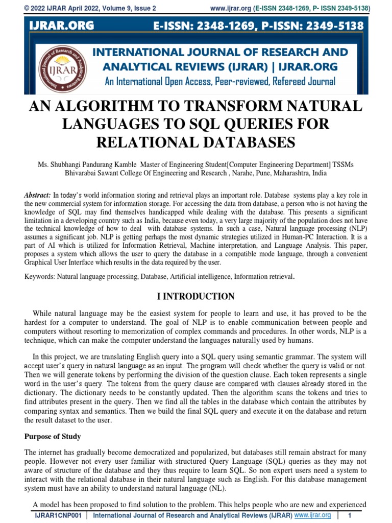 An Algorithm To Transform Natural Languages To Sql Queries For Relational Databases Pdf