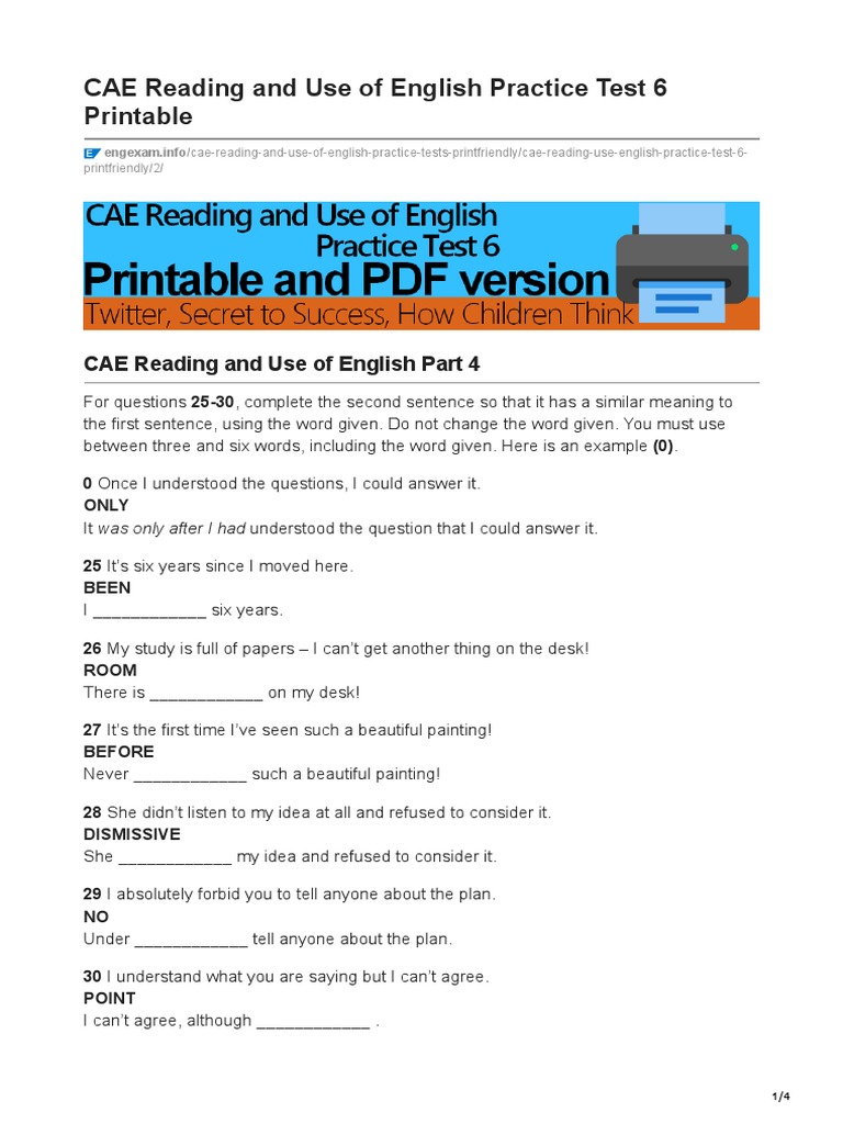 CAE Reading and Use of English Practice Test 6 Printable | PDF ...
