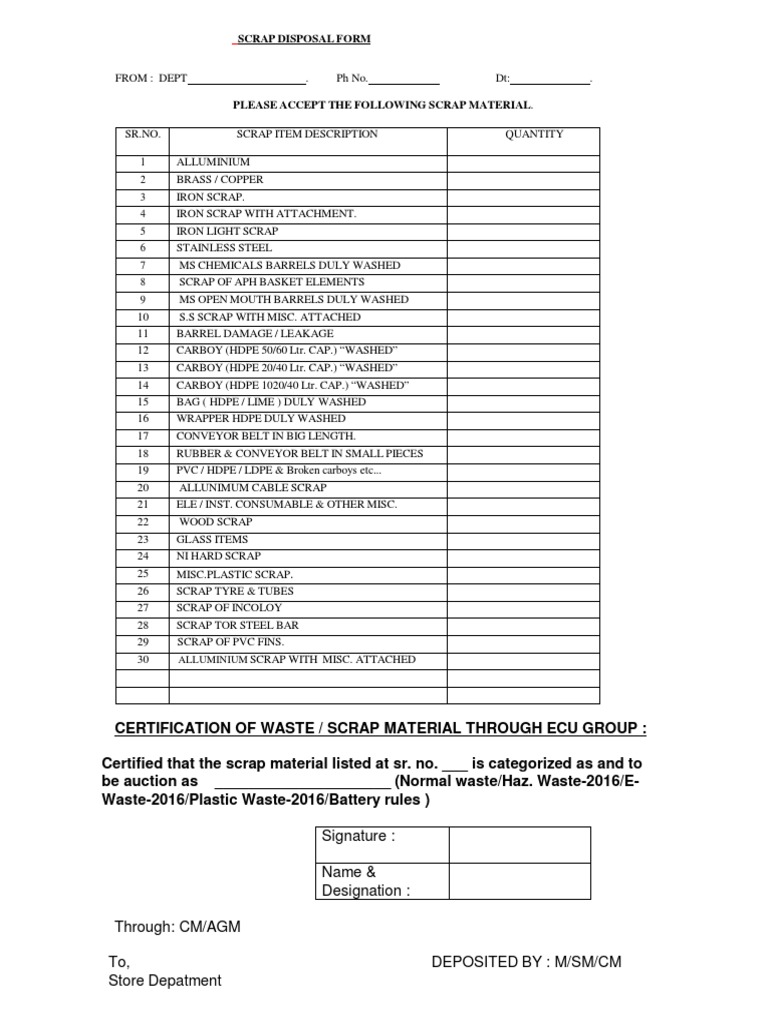 Scrap Disposal Form | PDF | Home & Garden
