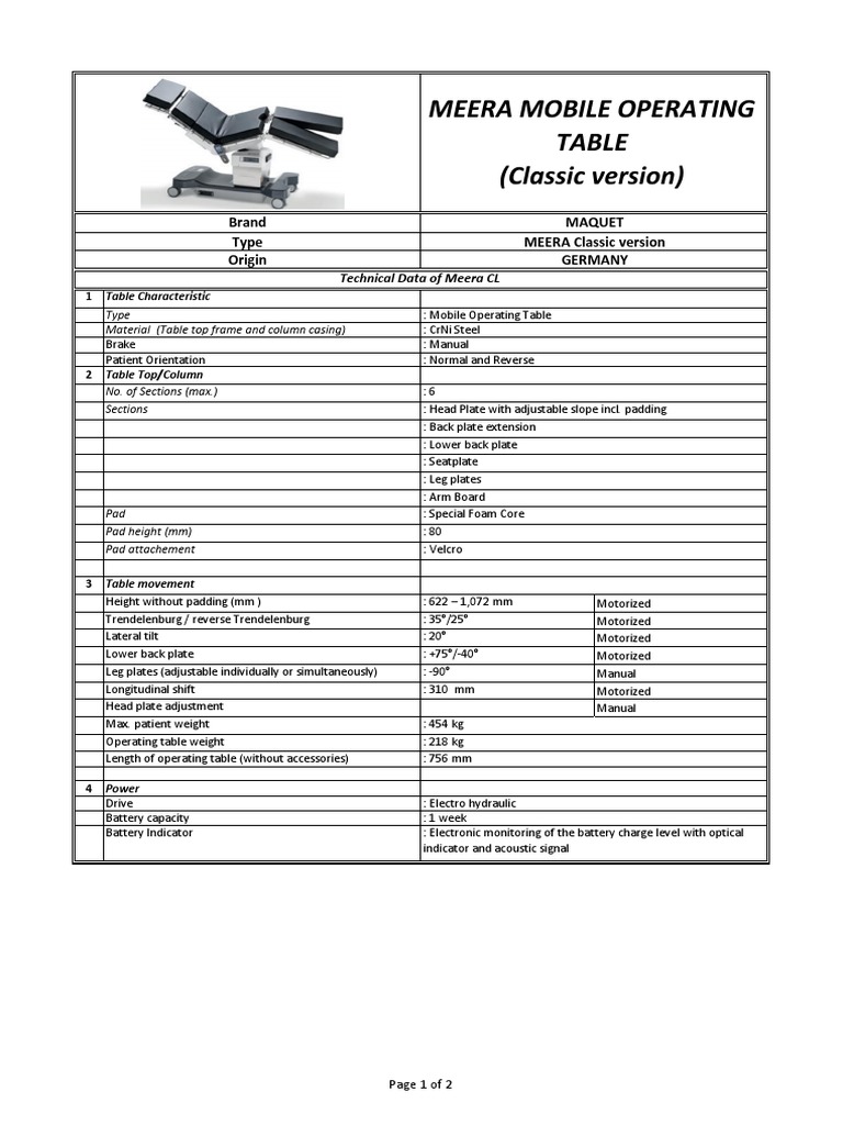 Spesifikasi Mobile Operating Table (MEERA CL) | PDF | Equipment ...