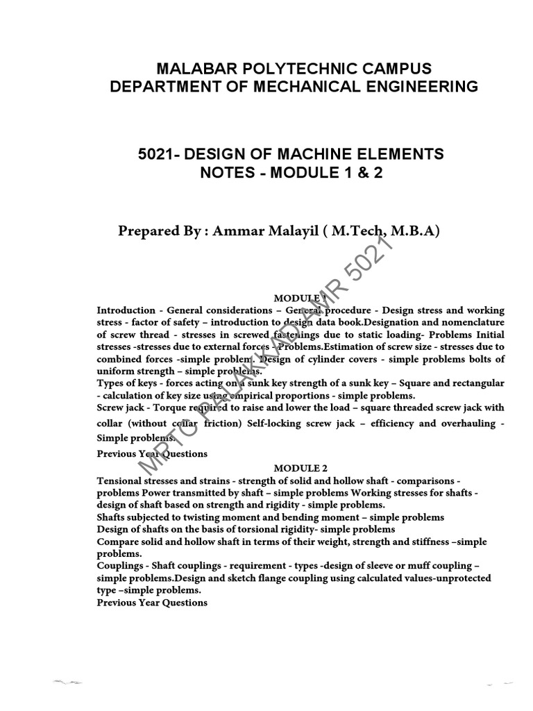 Design of Machine Elements | PDF | Screw | Strength Of Materials