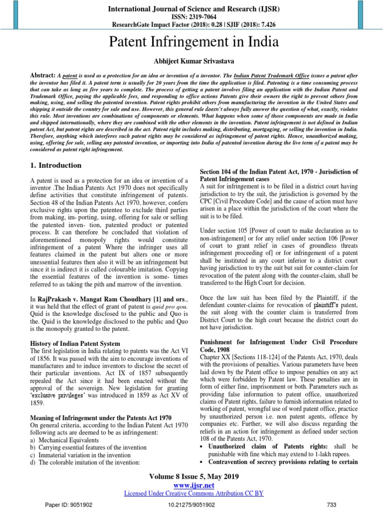 Patent Infringement in India | PDF | Patent | Patent Infringement
