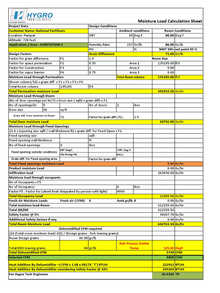 Moisture Load Calculation Sheet: Humidity Ratio | PDF | Temperature ...