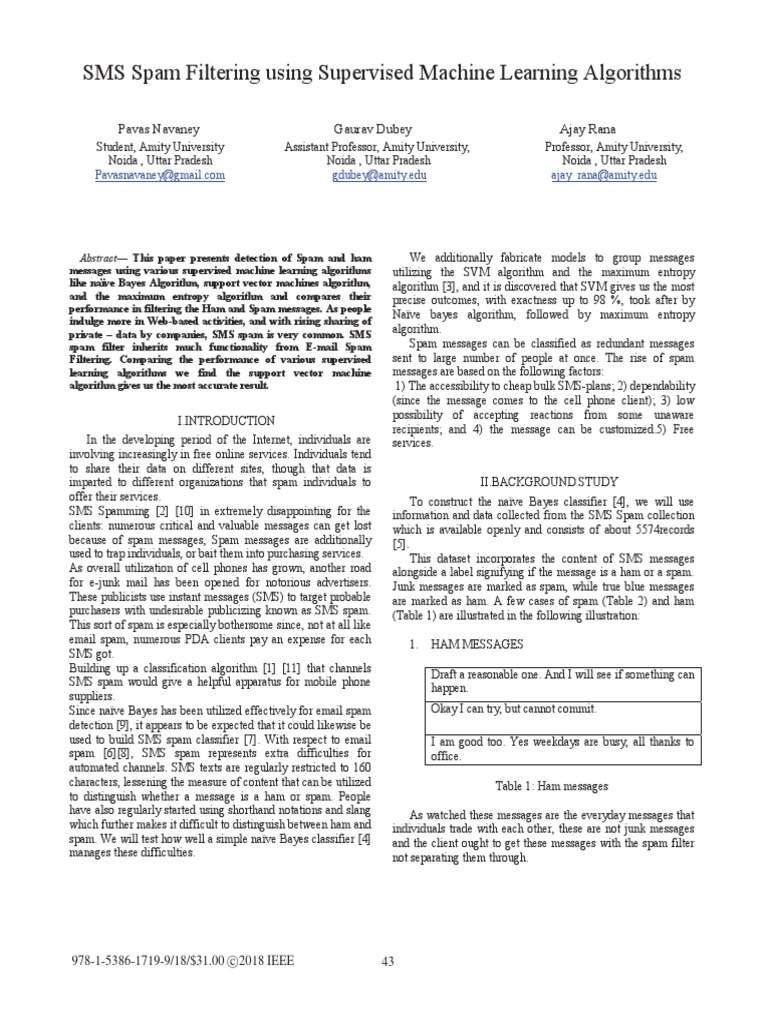 SMS Spam Filtering Using Supervised Machine Learning Algorithms | Download Free PDF ...