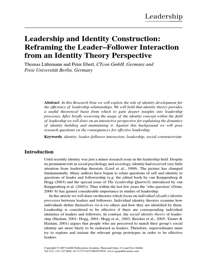 Leadership and Identity Construction | PDF | Identity (Social Science ...